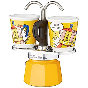 Bialetti - Mini Express Lichtenstein: Moka Set includes Coffee Maker 2-Cup (2.8 Oz) + 2 shot glasses, Yellow, Aluminium