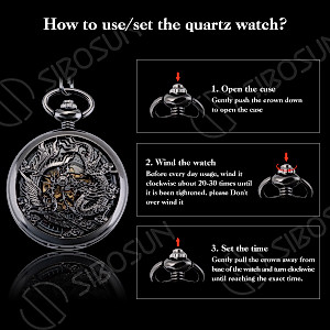 SIBOSUN Mechanical Pocket Watches Mens Lucky Phoenix and Dragon Skeleton Pocket Watch Black Antique Roman Numerals Box