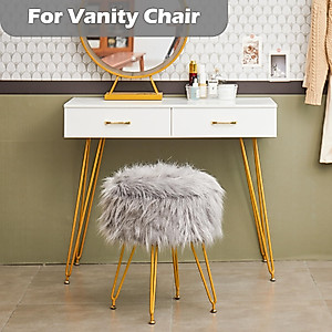 Alessing Grey Vanity Stool Chair with Storage, Faux Fur Storage Ottoman Furry Makeup Stool, Fuzzy Footrest Footstools with 4 Metal Legs & Wood Grain Pallet for Living Room Bedroom Entryway