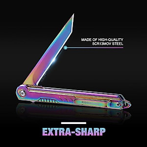 DRACHENADER Tanto Folding Knife for Women and Men, Rainbow Color Slim Gentleman's Tanto Balde Pocket Knife Small Mini Edc Knife for Keychain