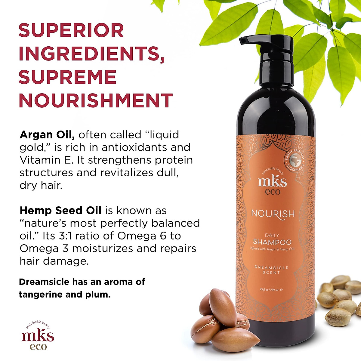 MKS eco X Nourish Shampoo, Dreamsicle - 25 fl oz - Cleanses, Strengthens & Repairs - Ideal for Fine Hair, Safe for Color Treated Hair - Moroccan Argan Oil, Hemp Seed Oil - Vegan, Cruelty Free