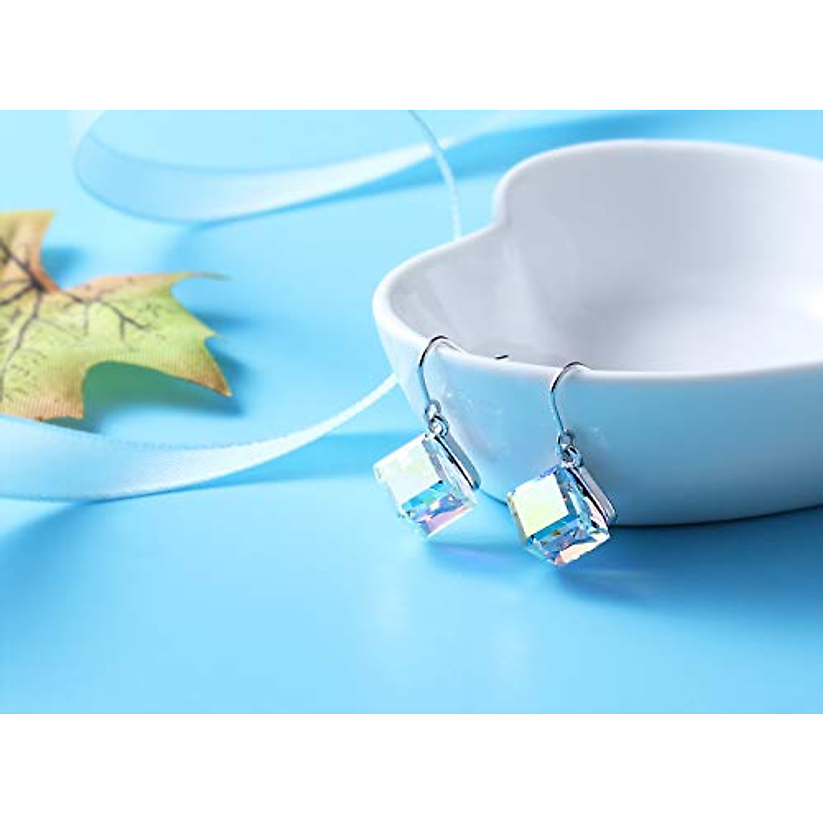 PLATO H S925 Sterling Silver Aurora Cube Earrings Crystals for Women with Exquisite Unique Gift Box Dainty Jewelry Anniversary Unique Gift for Mother's Day