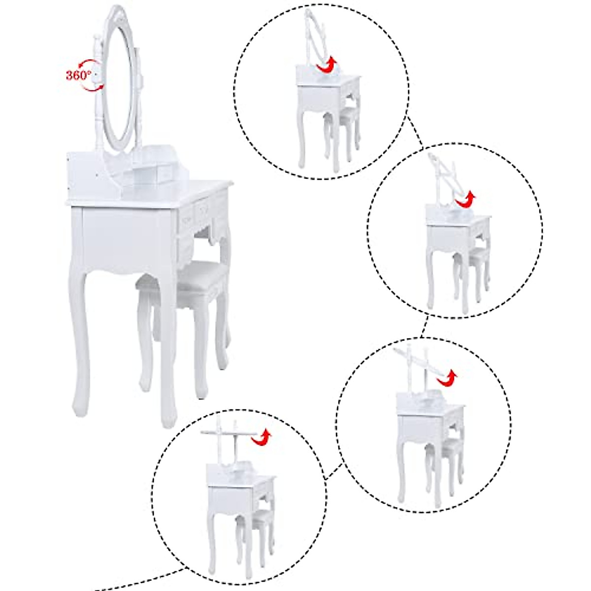 The Urban Port Ren 30-Inch 3-Piece Vanity Desk Set with Rotating Mirror and Matching Stool, 4 Drawers, Solid Wood, Pure White