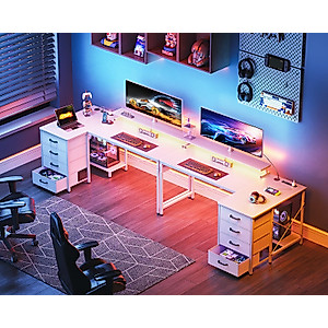ODK 48-Inch L Shaped Gaming Desk with LED Lights & USB Power Outlets, Reversible Computer Desk with 4 Drawers, Corner Gamer Desk with CPU Shelf & Monitor Stand, Gaming Table for Bedroom, White