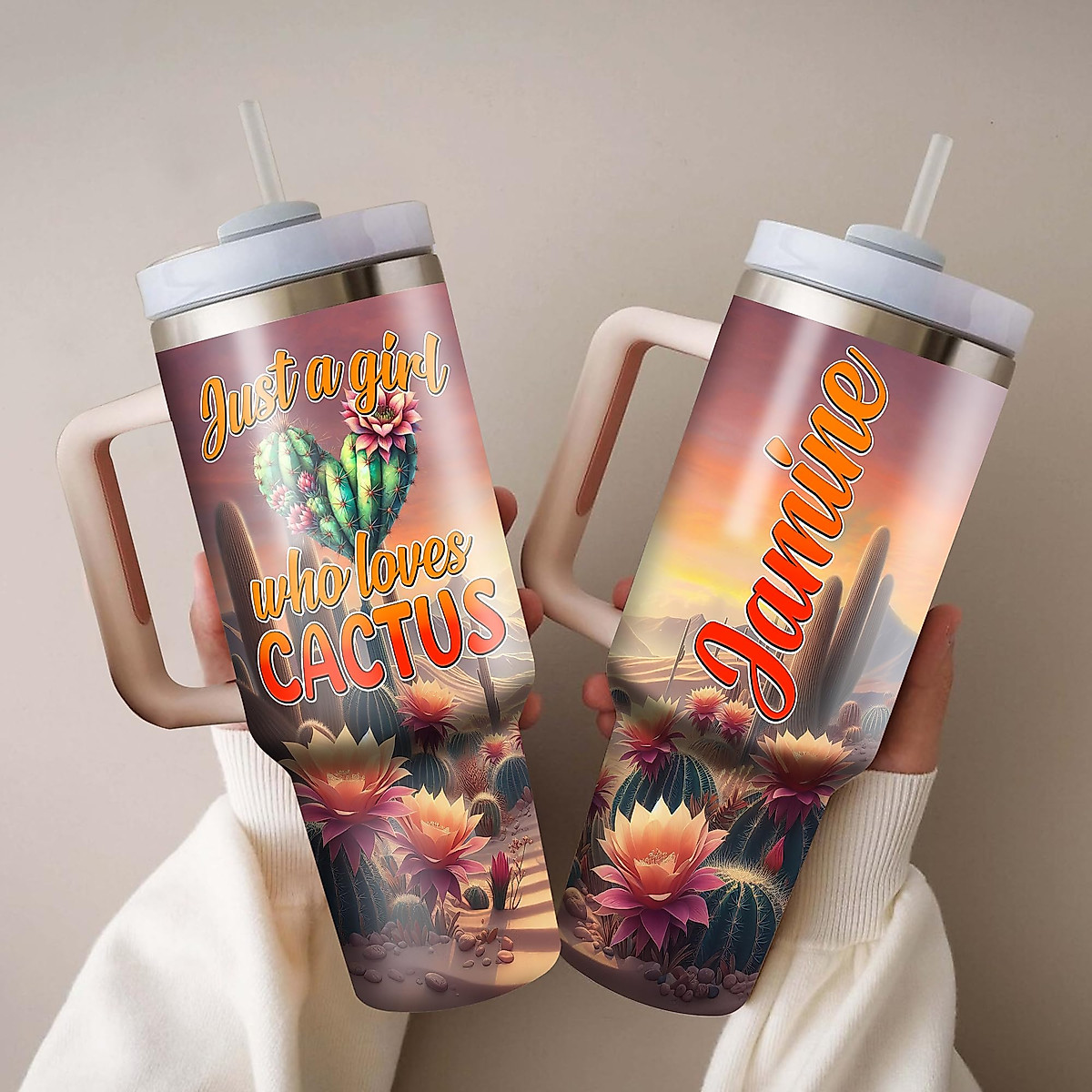 WAZONE Personalized Just A Girl Who Loves Cactus Tumbler 40oz with Handle and Straw Insulated Stainless Steel Tumblers Custom Coffee Cup Themed Gifts Holiday For Women Mothers Her Plant Lover