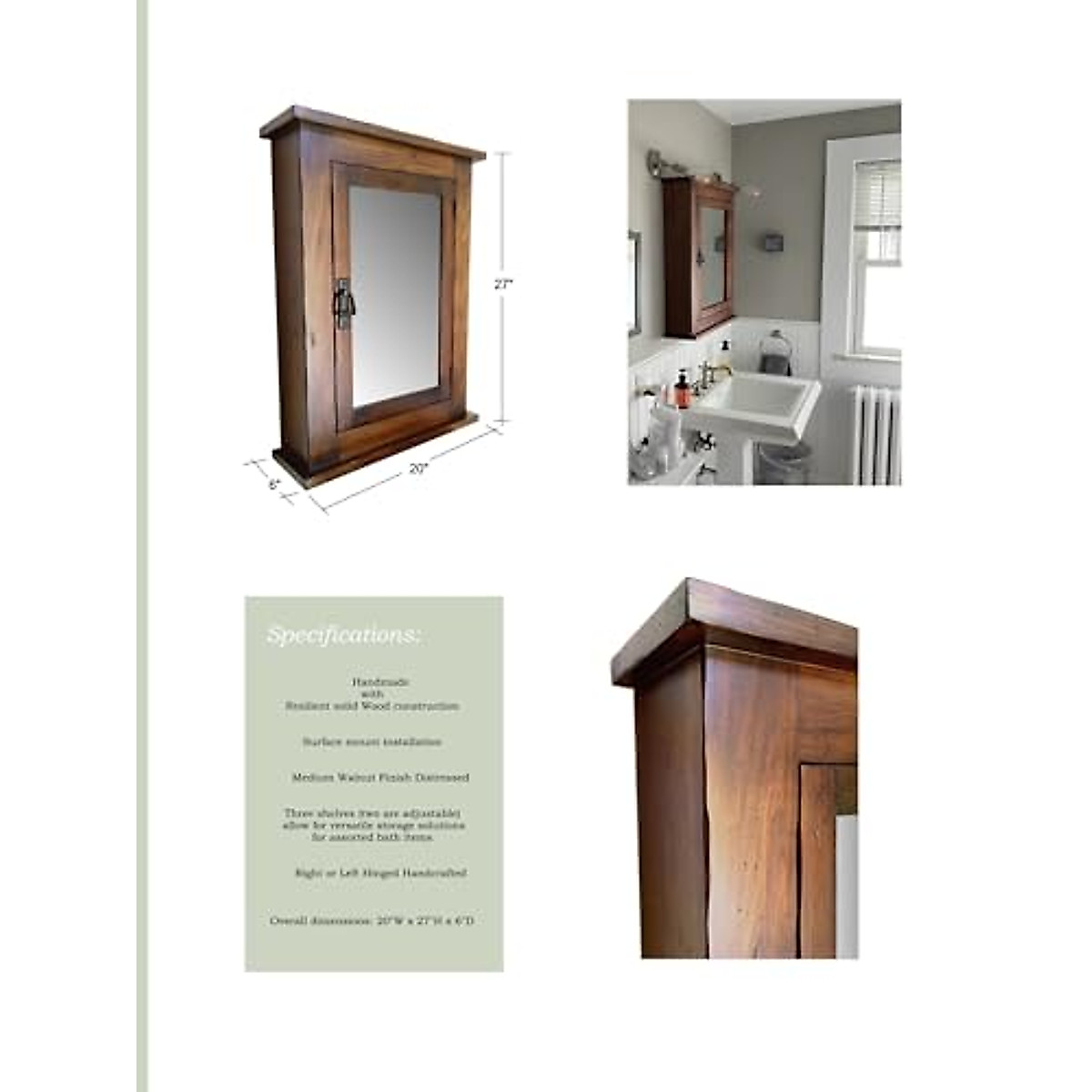 Dijkoo ZyduzscAT NUOTIRUIS Primitive Mission Medicine Cabinet/Surface Mount/Distressed Medium Finish/Solid Wood & Handmade C