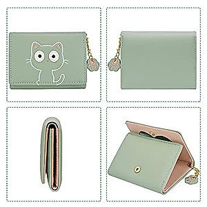 Sunwel Fashion Cute Little Cat Pattern Small Wallet Credit Card Holder Cash Pockets ID Window with Paw Pendant (GREEN, Tri-fold)