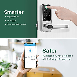 Door Locks with Keypads, JINJUNYE Digital Door Lock, keypad Door Knob 5-in-1 Keyless Entry Door Lock, Fingerprint, Smart Lock Handle for Home Office Apartment, Silver