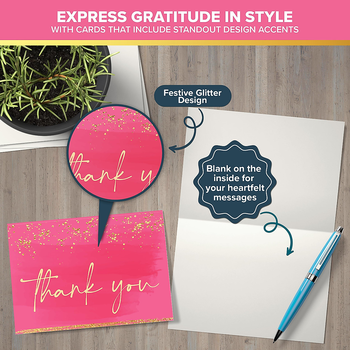 Decorably Thank You Cards with Envelopes & Stickers, Glittery Cards - 24 Pack Thank You Cards Pink Thank You Cards with Envelopes Pink, Blank Inside Pink Thank You Notes, 6x4in Thank You Notes Pink