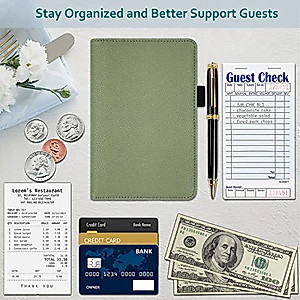 RSAquar Server Book with Zipper Pocket, Premium Leather Server Books for Waitress, Waiter Wallet Waitress Book Fit Server Apron, Sage Green