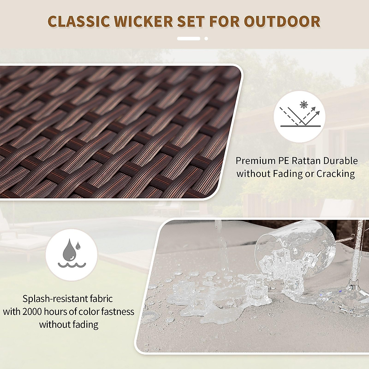 NICESOUL Modern Luxury All-Weather Outdoor Wicker Ottoman Set of 2 Fine Brown PE Rattan Alloy Steel Frame Footrest Wide Deep Seat 2 Pieces Foot Stools with Thicken Cushions for Indoor Outdoor Patio