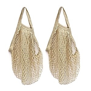 EKOLOJEE Reusable Produce Net Bags Grocery Washable, Mesh Bags For Vegetables, 4 Pack! Gots-Certified Organic Cotton String Mesh Net Market Bag | Mesh Produce Bag Natural Color Combo Regular Handles