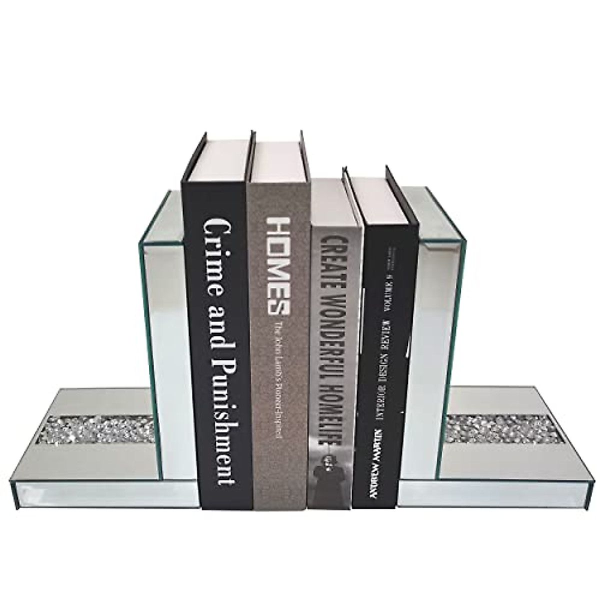 FYWDGLART Mirrored Decorative Bookends.Silver Crush Diamond Decorating Bookend.Skid-Resistant Design.Bookshelf Decor.9X6X5.1inches,Set of 2.