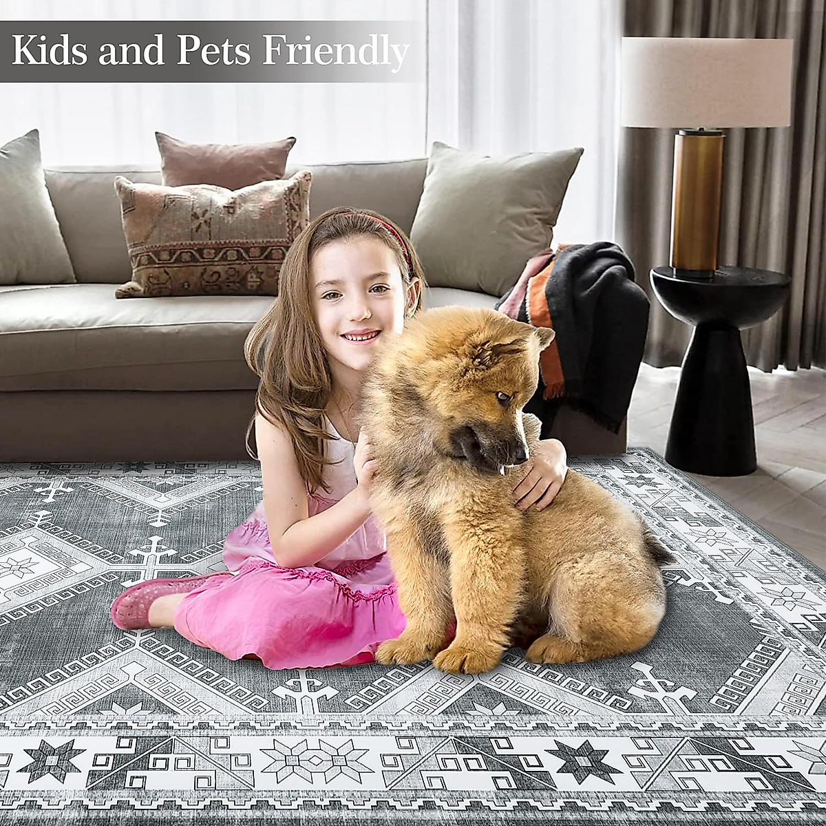 RUGSREAL Area Rug Living Room Rugs 8x10 Large Machine Washable Boho Carpets Moroccan Diamond Washable Rug Non Slip Non Shedding Low Pile Rug for Laundry Bedroom Living Room, Grey