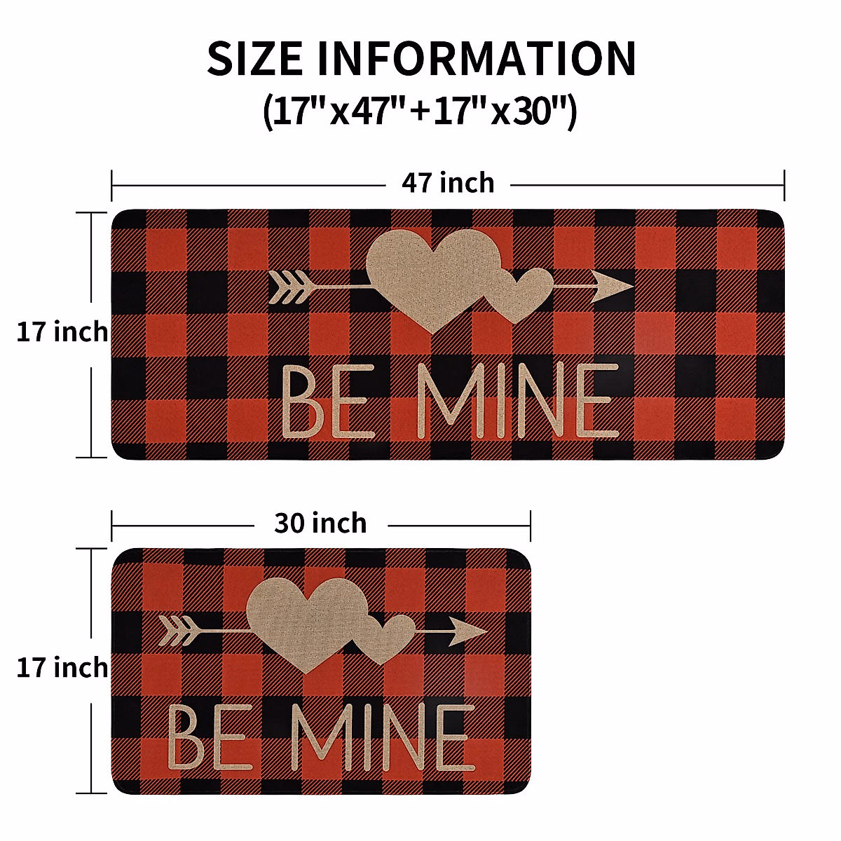 ASPMIZ 2 Pcs Valentine's Day Kitchen Rugs, Buffalo Plaid Area Rug Set of 2, Non-Slip Heart Floor Mat for Bathroom, Water Absorbent Door Mat with Anti-Slip Rubber Backing, 17'' x 47'' + 17'' x 30''