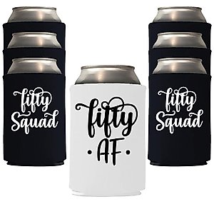 Veracco Fifty AF 50 Years Can Coolie Holder 50th Birthday Gift Fifty Squad and Fabulous Party Favors Decorations (Black/White, 12)