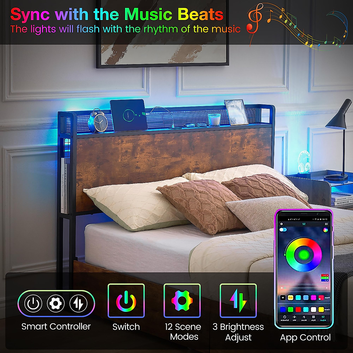 GAOMON Full Bed Frame with Storage Headboard and 4 Drawers LED Lights Metal Platform Bed Frame with Charging Station, Mattress Foundation Strong Wood Slats Support, No Box Spring Needed