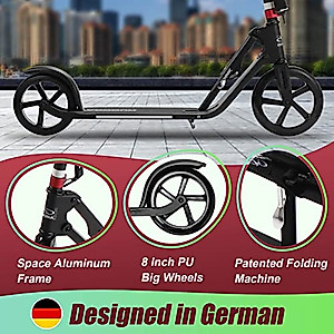 Hudora Folding ,Adjustable Height Scooter for Adults 300 Lbs ,Teens 12 Years and up, Kick Scooter for Outdoor Use (Black)