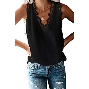BLENCOT Women Lace Trim Tank Tops V Neck Fashion Casual Sleeveless Blouse Vest Shirts Black, Medium