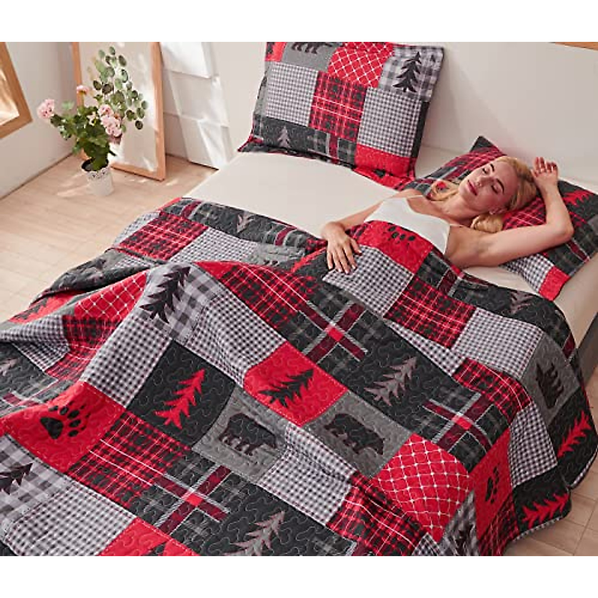 Bedspread Coverlet King Size Rustic Quilt Set Bedding King Plaid Quilt Bedding Lightweight Bedspread Lodge Cabin Bear Bedding Country Patchwork Quilt Bedspread Coverlet Rustic Reversible Quilts