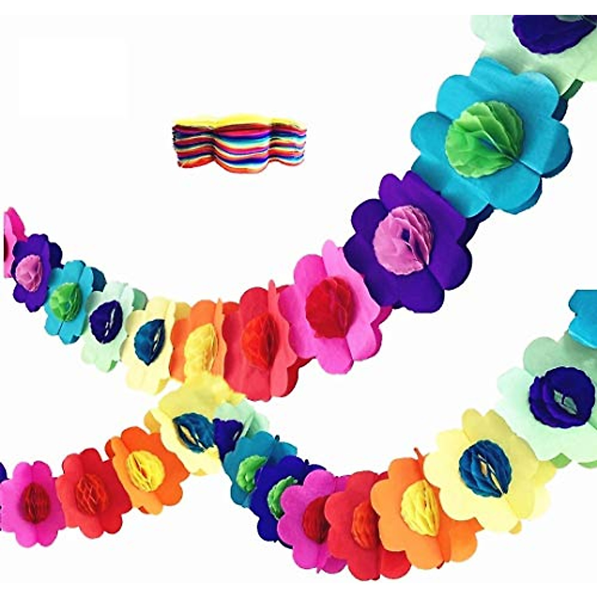 2pcs 9 Feet Rainbow Honeycomb Paper Garland Flower Banner,Mexican Paper Garland Hibiscus Garland,Large Tropical Tissue Paper Flowers for Luau Party Hawaiian Fiesta Handcrafted Hanging Decorations