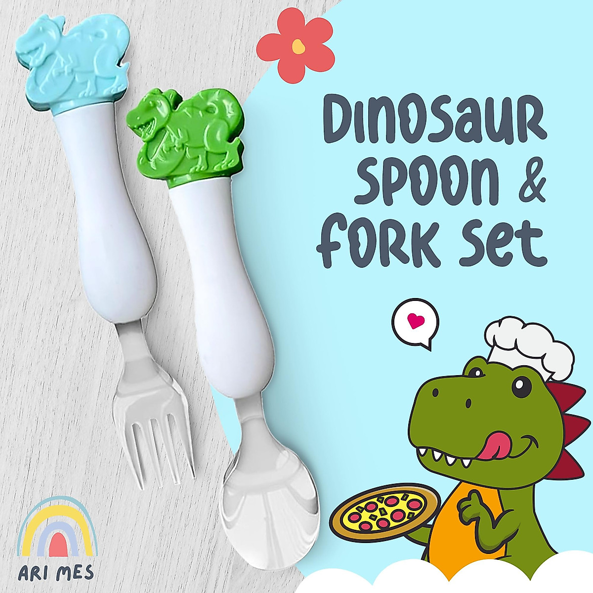 ARI MES - Toddler, Kid Utensils Set, Dinosaur Spoon and Fork Set for Toddlers, Kid Forks and Spoons, Easy-Grip Small Utensils, Dinosaur Utensils for Toddlers, Kid Spoons and Forks, Childrens Utensils