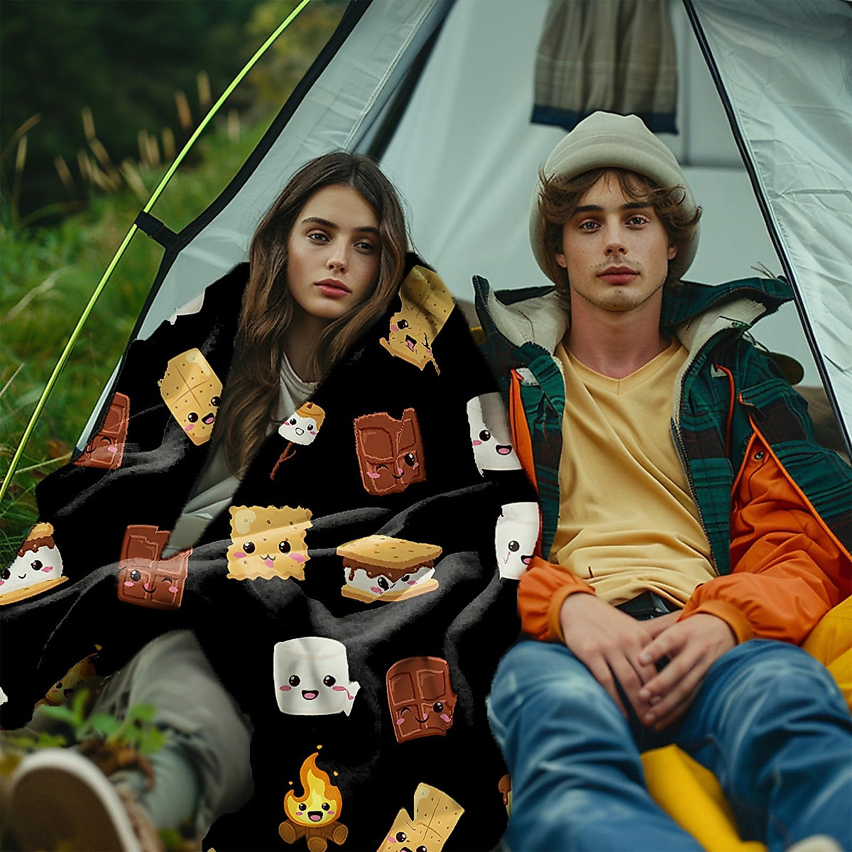 Sofcozlush Cute S'Mores Blanket Marshmallow Cookie Blanket Black Soft Plush Fuzzy Flannel Fleece Throw Blanket for Couch Food Blanket 50"x40" for Kids