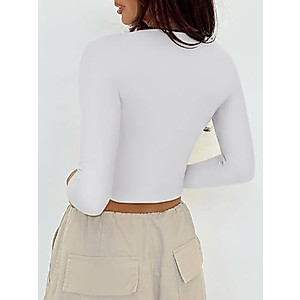REORIA Womens Fall Sexy Casual V Neck Long Sleeve Double Lined Fitted Going Out Basic Cute Y2k Trendy T Shirts Crop Tops Tees White-Small