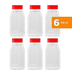 LARGE 16OZ CLEAR PLASTIC SPICE CONTAINERS BOTTLE JARS - FLAPPER CAP TO POUR OR SIFTER SHAKER. USED TO STORE SPICES, HERBSAND IS REFILLABLE-BPA FREE (6, red caps)