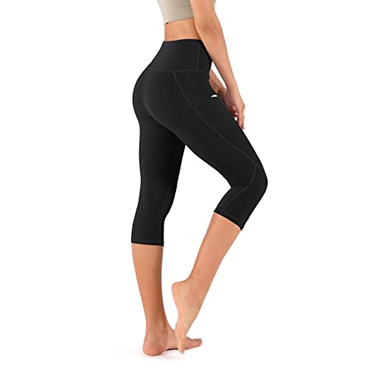 ODODOS Women's High Waisted Yoga Capris with Pockets,Tummy Control Non See Through Workout Sports Running Capri Leggings, Black,Medium
