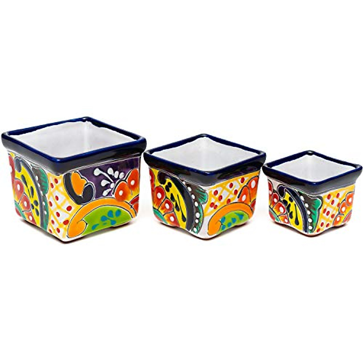Enchanted Talavera Handmade Mexican Pottery Talavera Ceramic 3 Piece Set Succulent Pot Set Mini Flower Planter Cactus Pot Home Office Desk Décor Gift Small Shelf Desk Window Pottery (Multi-Color)