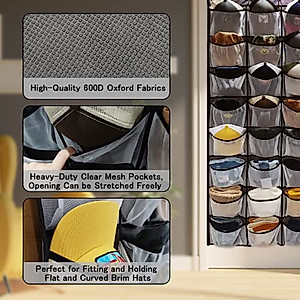SJEhome Hat Rack Cap Organizer, 24 Deep Mesh Pockets Hat Storage & Ballcap Display Holder for Wall or Door, Over The Door Hat Racks, Hat Storage with Door Hooks,Gray