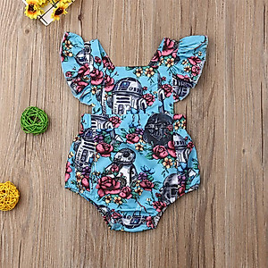 Axupico Baby Girl Romper Clothes Newborn One Piece Romper Floral Sleeveless Backless Ruffle Sleeve Princess Summer Clothes (Blue Romper, 6_Months)