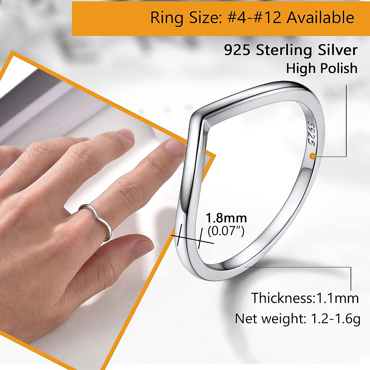 PROSILVER Minimalist Wishbone Ring Plain Silver Knuckle Finger Rings Size 10 Cute Simple Rings