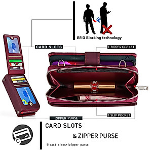 MODOS LOGICOS Crossbody Bag for iPhone 13 6.1", [Shoulder Wrist Straps] [Zipper Storage] [11 RFID Card Slots 3 ID Window] PU Leather Purse with Removable Inner Magnetic TPU Case - Wine Red