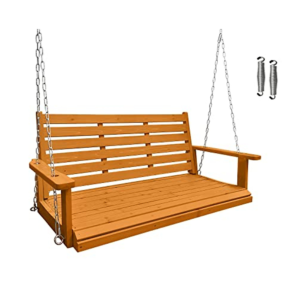 Wooden Porch Swing, Ergonomic Seat, Bench Swing with Hanging Chains and 7mm Springs, Heavy Duty 800 LBS, for Outdoor Patio, Garden, Yard (Golden Honey)