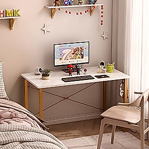 ODK Study Computer Desk 40 inch Home Office Writing Small Desk, Modern Simple Style PC Table with Storage Bag and Headphone Hook, White Marble + Gold Leg