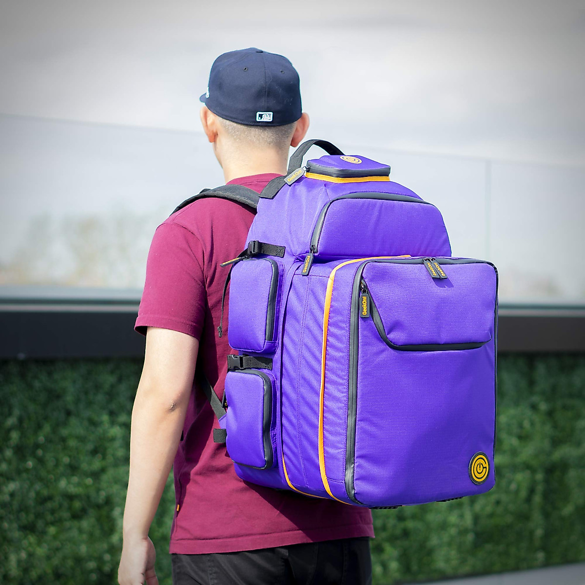 GeekOn Ultimate Boardgame Backpack - The Smartest Way to Carry Your Games - Expandable Multi-Functional Board Game Bag - Carry-on Compliant (Purple/Gold)