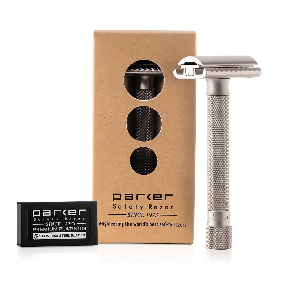 The Parker Variant ADJUSTABLE Double Edge Safety Razor, Customize your Shave with a Turn of the Dial from Mild to Aggressive - 5 Blades Included (SATIN CHROME)