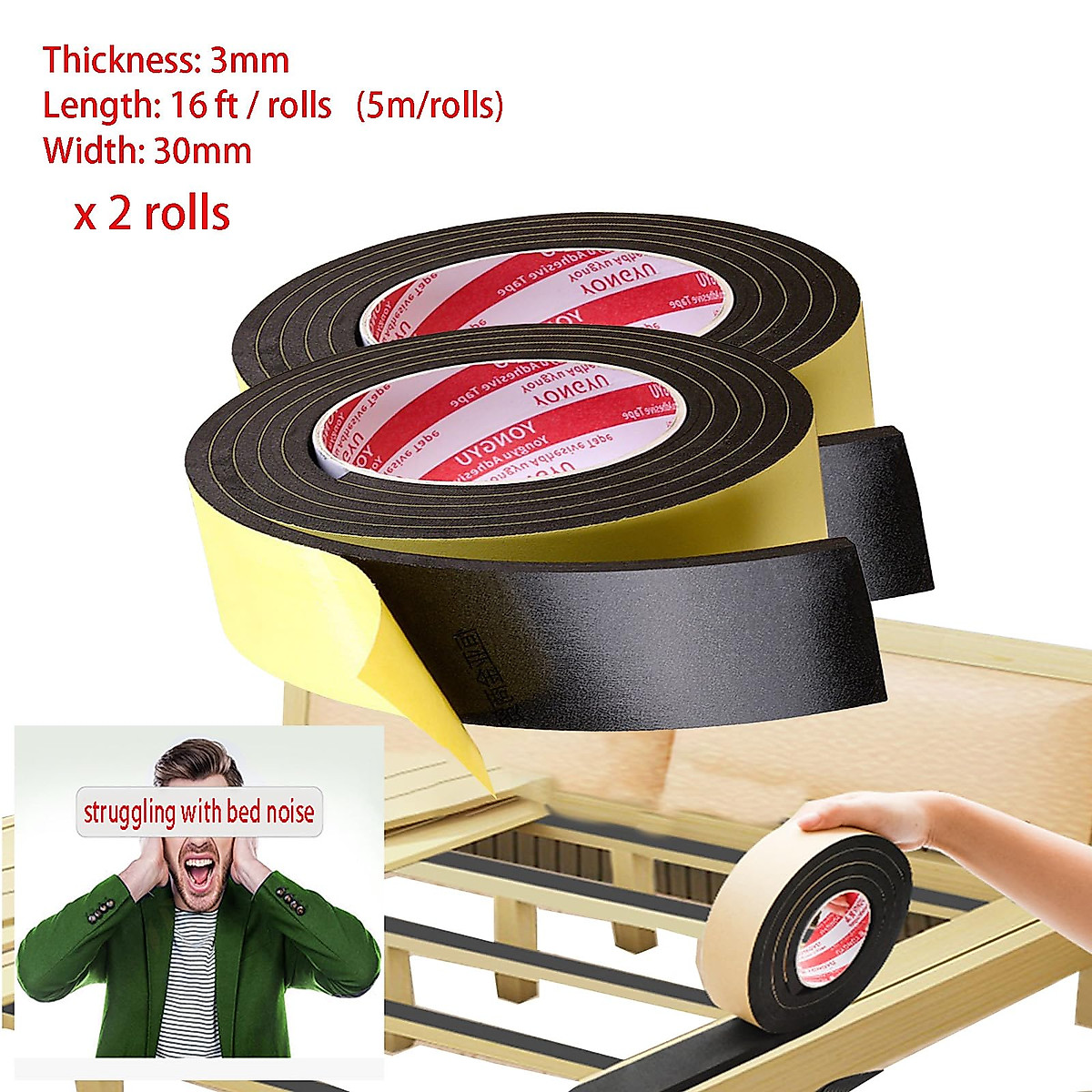 HicnKK Anti-Vibration Soundproof Pads for Bed Frame Shock,Absorption Fixed pad,Anti Abnormal Noise and Mute pad on Bed Board, Anti Noise Strip on Furniture Foot pad Lenght 16ft (5m), Full, Black