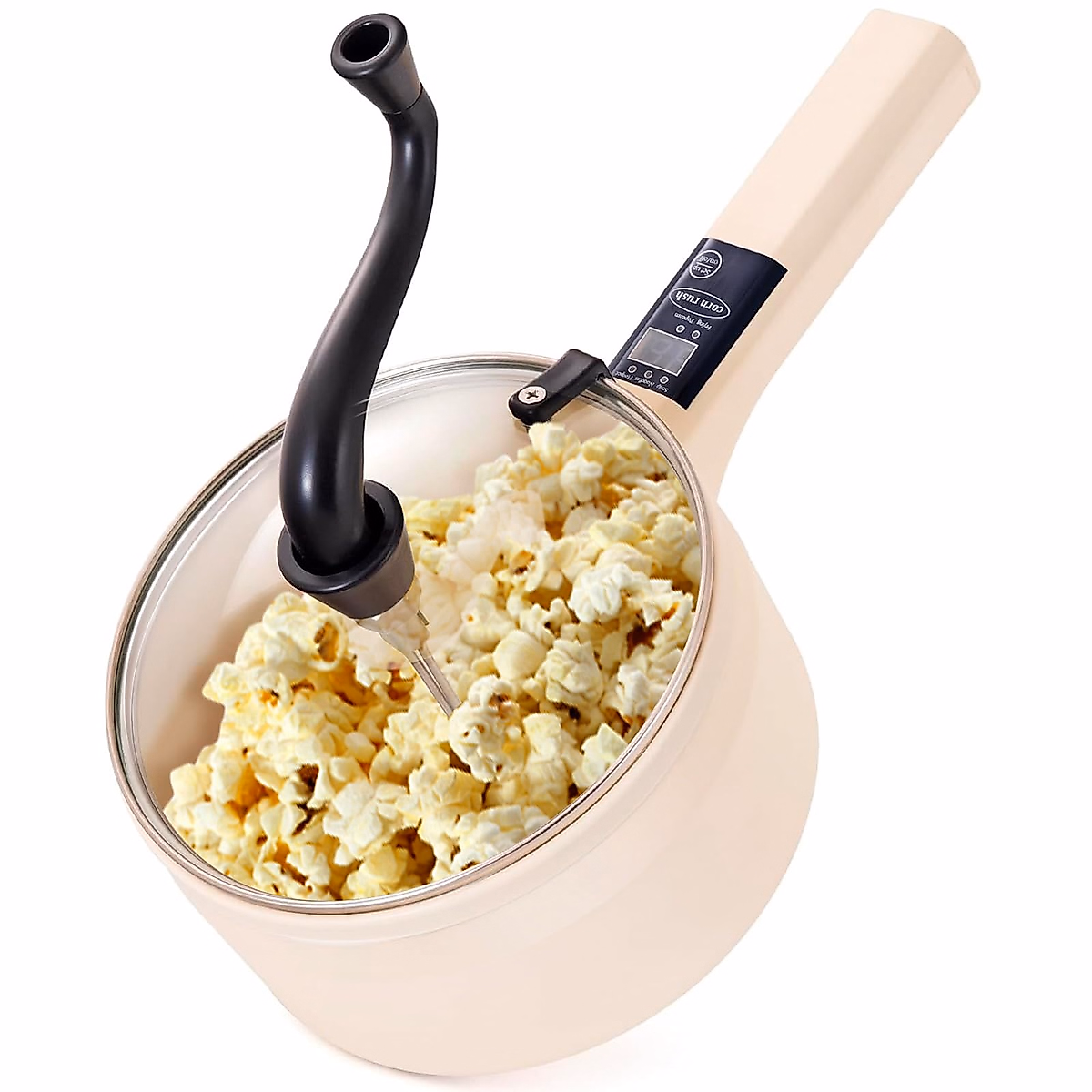 Multifunctional Electric Hot Pot Cooker, Upgraded Non-Stick Stainless Steel 1L Mini Portable Lazy Pot Popcorn Ramen Maker for Steak Egg Soup Travel with Long Handle Power Adjustment milky white