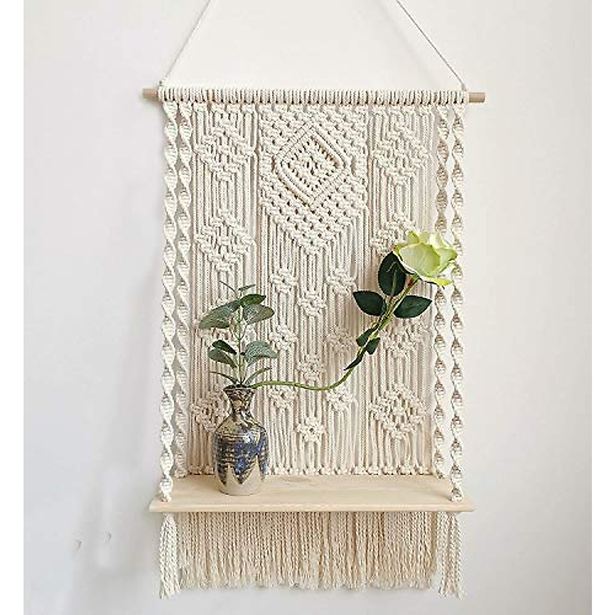YuanKanJu Macrame Wall Hanging Shelf Bohemian Wall Decor Macrame Shelf Handmade Cotton Wood Hanging Shelf Organizer Hanger Bohemian Wall Decor Bohoboho Shelves (#4)