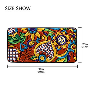 Long Rug Kitchen Floor Mat Carpet Soft Bath Non-Slip Washable ﻿Mexican Talavera Ethnic Folk Red Decoration Living Room Home Bedroom 39×20 Inch