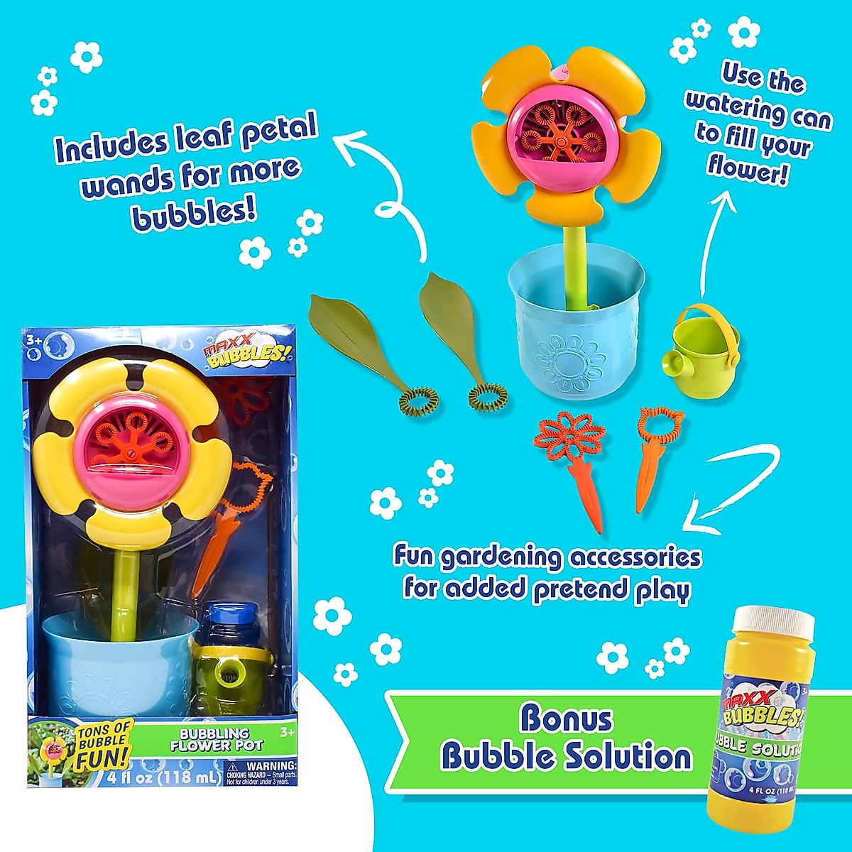 Maxx Bubbles 14" Flower Pot Includes 4oz Bubble Solution, 4 Wands and Watering Can, Botanical Collection, Outdoor Bubble Machine Maker, Great Gift and Decoration for Birthday, Bridal and Shower