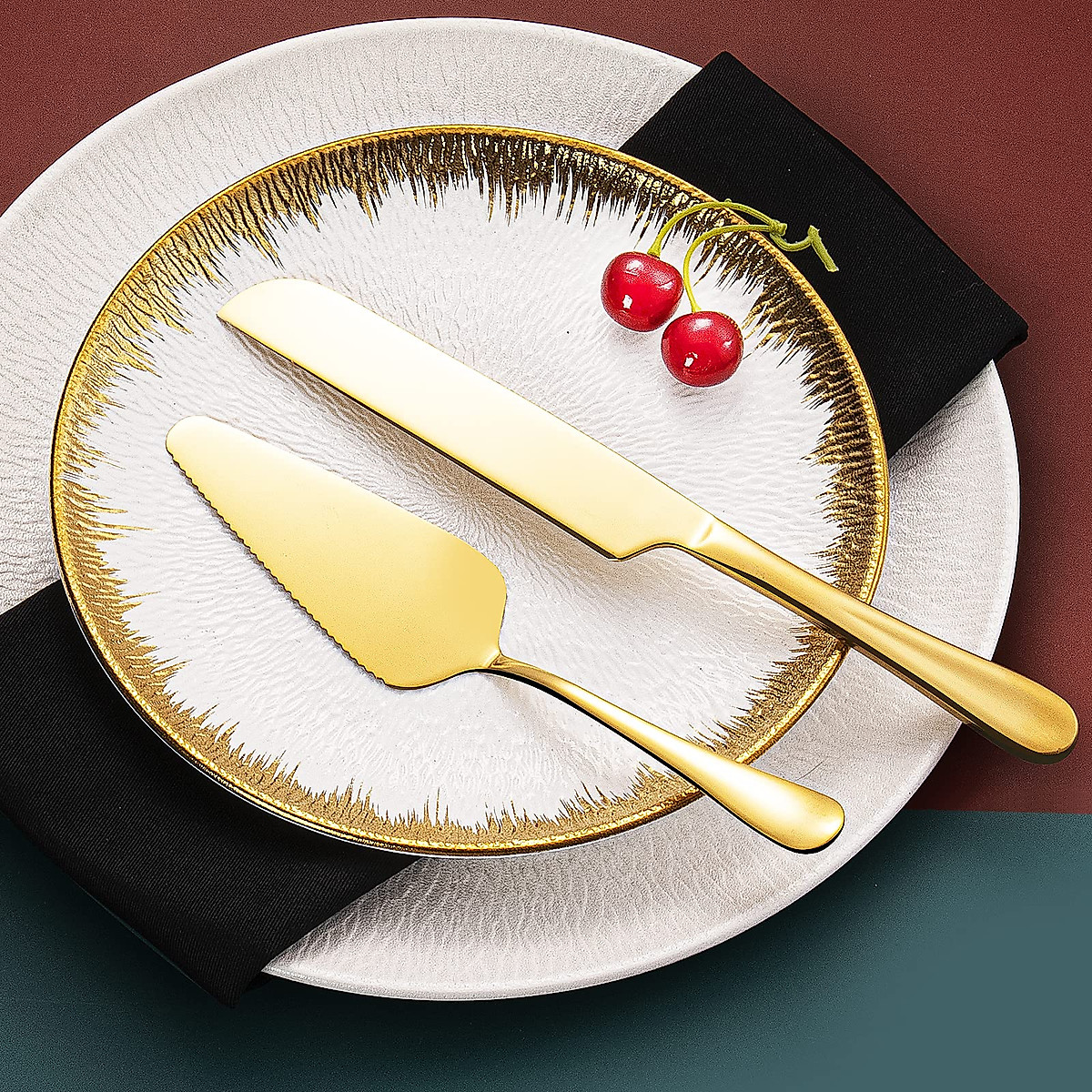 Mamajardin Cake Cutting Set for Wedding - Elegant Knife and Server Set with Stainless Steel Rounded Edges, Cake Cutter Pie Spatula Birthday Anniversary Easter Mother's Day Gifts of 2, Gold