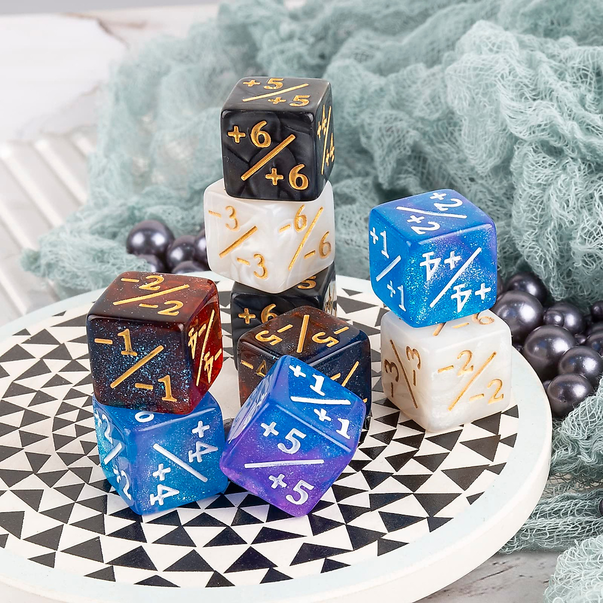 48 PCS Magic The Gathering Dice MTG Counter Dice Buff Tokens Dice Loyalty Starry Marble D6 Dice Compatible with CCG, Standard Card Gaming Accessories, 4 Styles