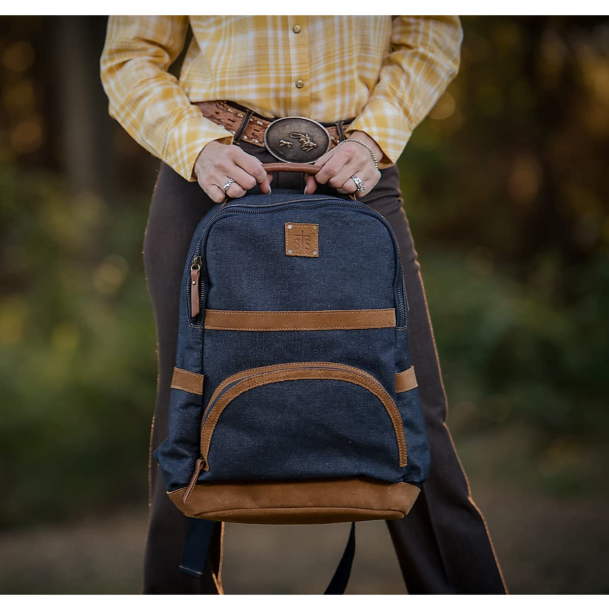STS Ranchwear Traveling Outdoor Casual Everyday Blue Bayou Collection Denim Backpack with Adjustable Leather Shoulder Straps, One Size