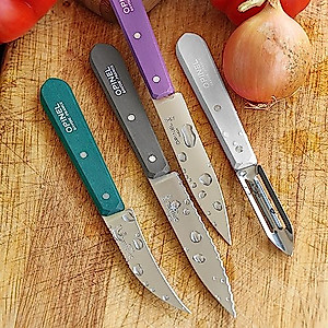 Opinel Les Essentials Small Kitchen 4 Piece Knife Set - Paring Knife, Serrated Knife, Peeler, Vegetable Knife, Corrosion Resistant High Carbon Steel, Made in France (Art Deco)