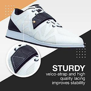 CORE Weightlifting Shoes - Squat Shoes for Powerlifting, Crossfit, Deadlifting, Weight Training - Olympic Lifting Footwear with 1.2" Heels - Strap and Lace-Up Gym Shoes for Men and Women - White