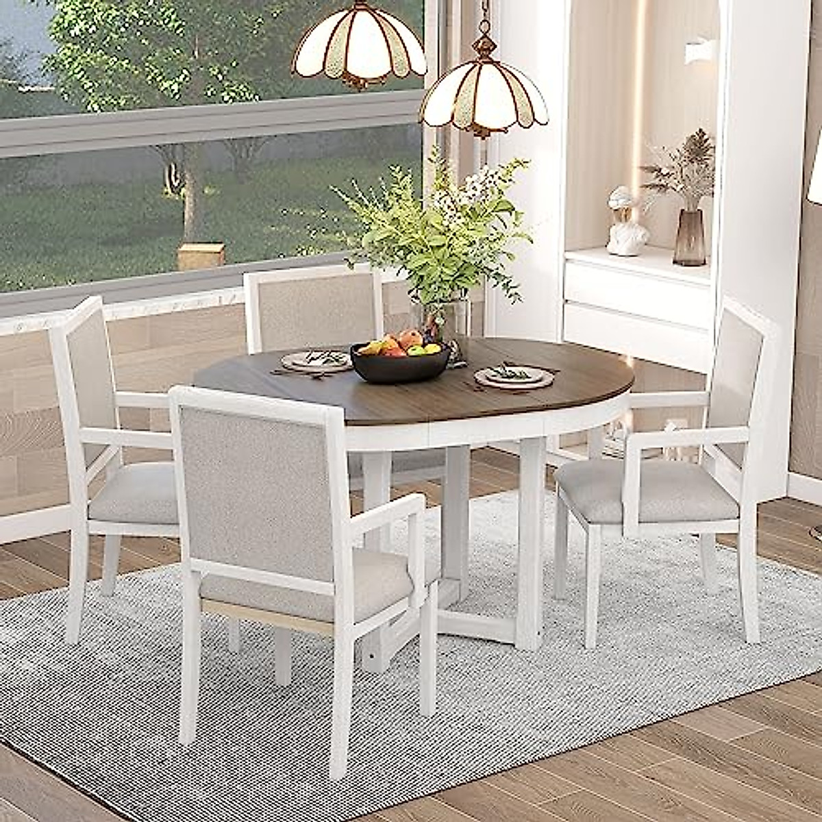 WOZNLA Room 5-Piece Set-Round to Oval Extendable Butterfly Leaf Wood Table with 4 Upholstered Dining Chairs with Armrests for Kitchen and Family, White